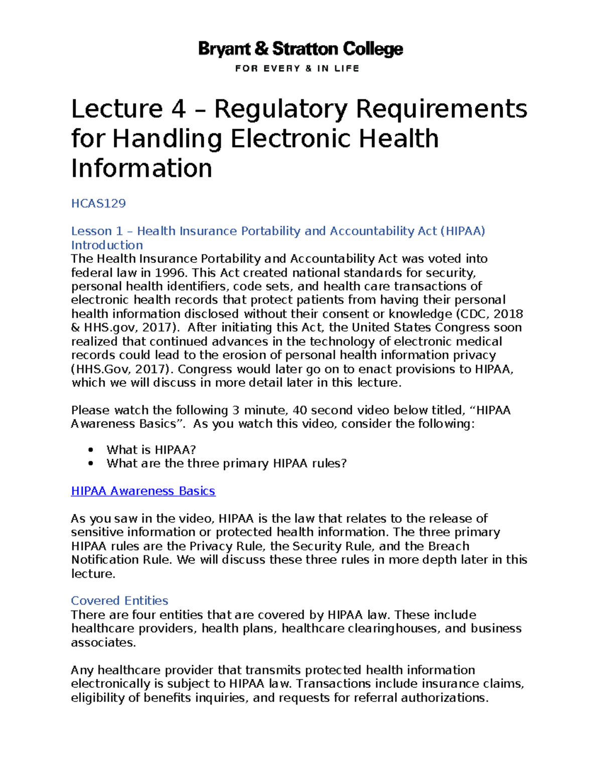 HCAS129 - Lecture 4 - Regulatory Requirements for Handling Electronic Health Information ...