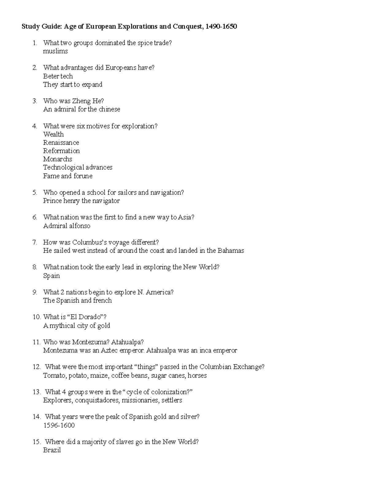 SG-Explorppt - noo - Study Guide: Age of European Explorations and ...