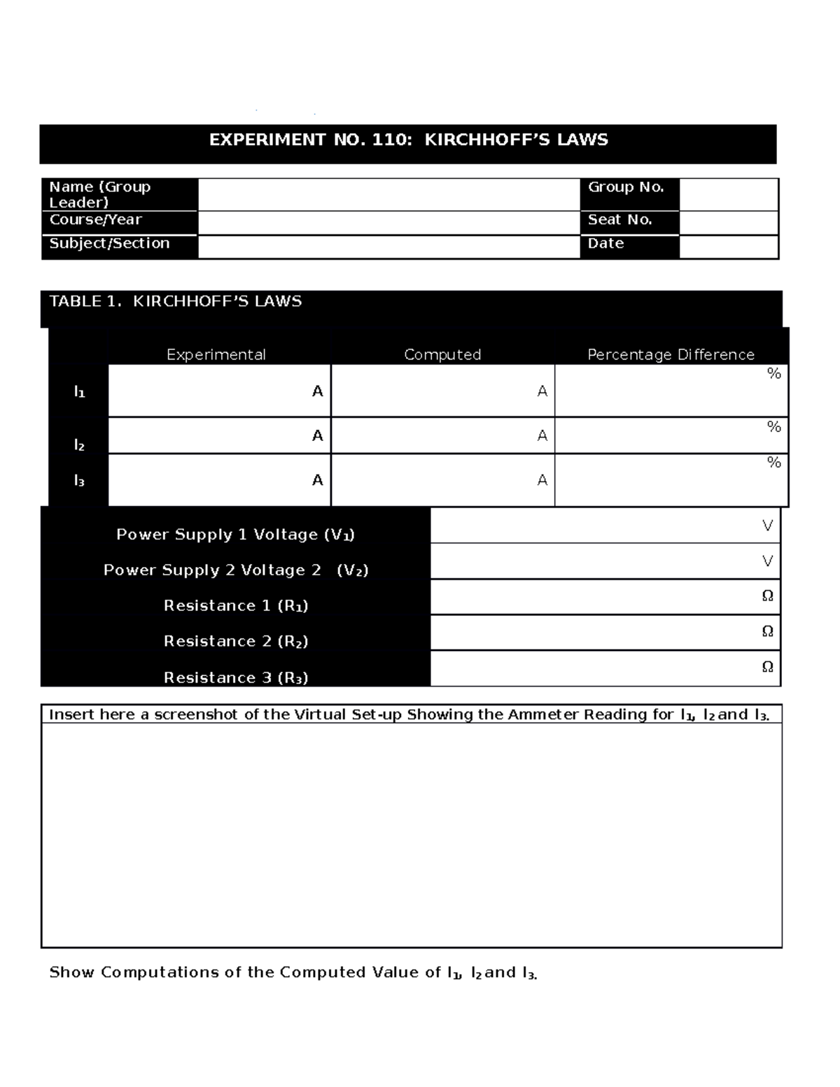 Experiment 110 Kirchhoff's Laws Data Sheet with Questions Edited 3Q2223 ...