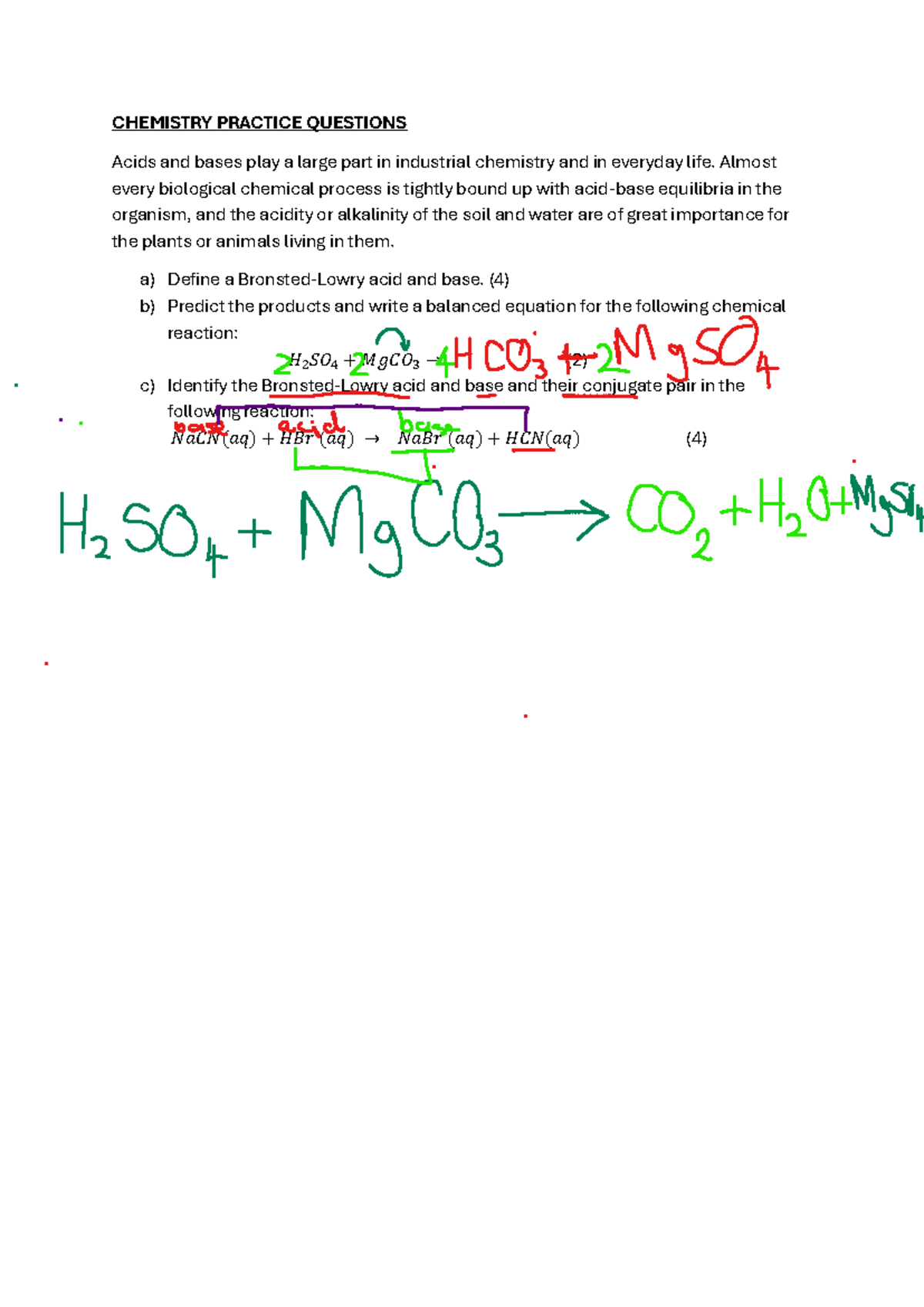 Chemistry Practice Questions - CHEMISTRY PRACTICE QUESTIONS Acids and ...