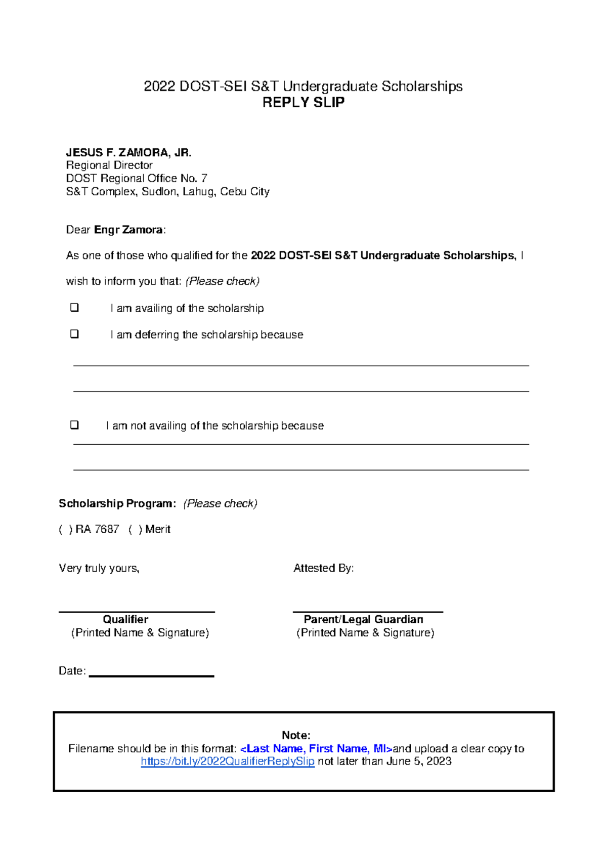 Reply-Slip-Regions -Approved Potential Qualifier - 2022 DOST-SEI S&T ...