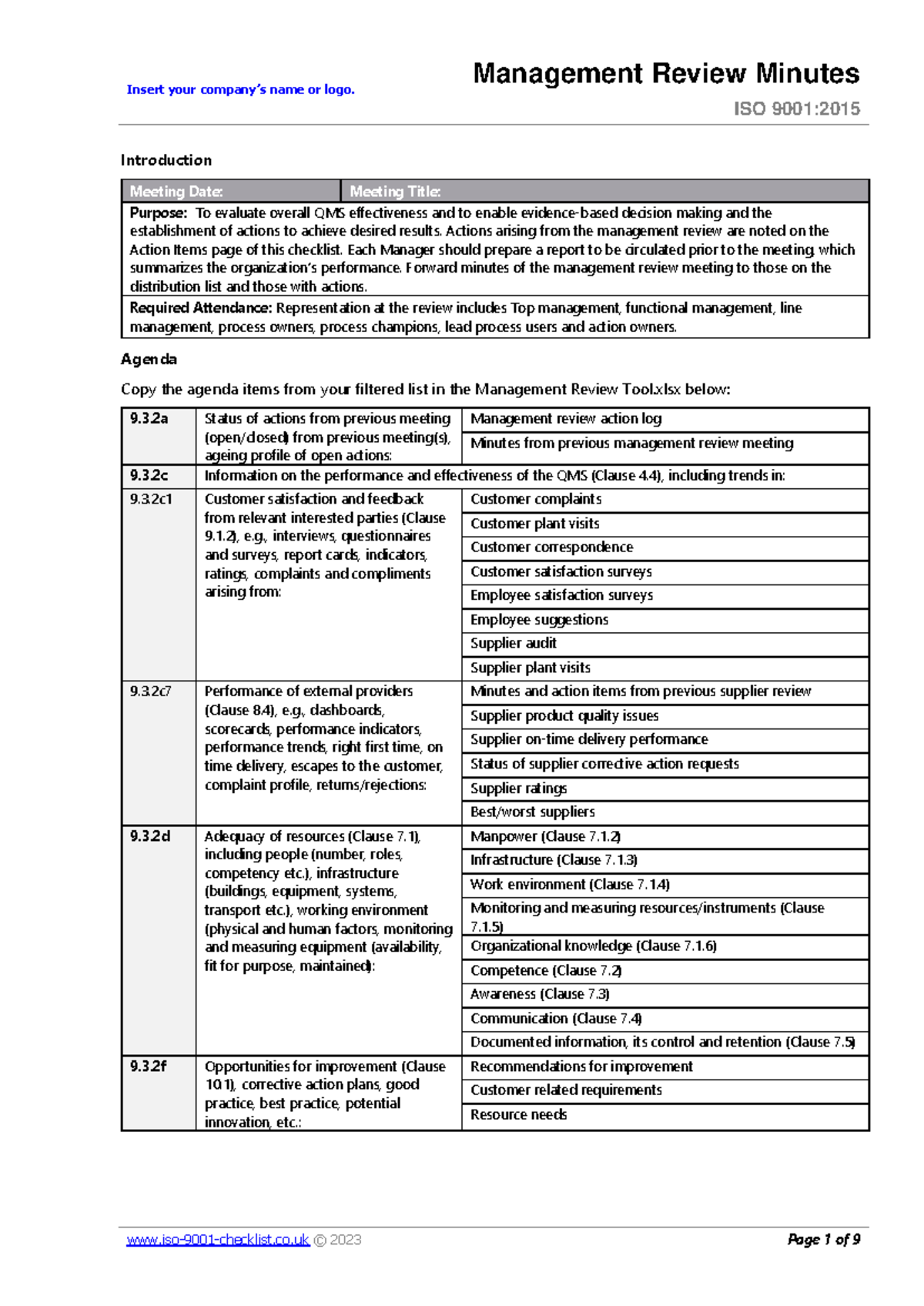 Management review agenda & minutes sample - Insert your company’s name ...