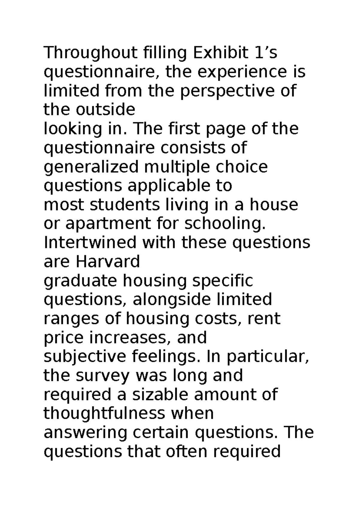 Harvard Graduate- Study Questions - Throughout filling Exhibit 1’s ...