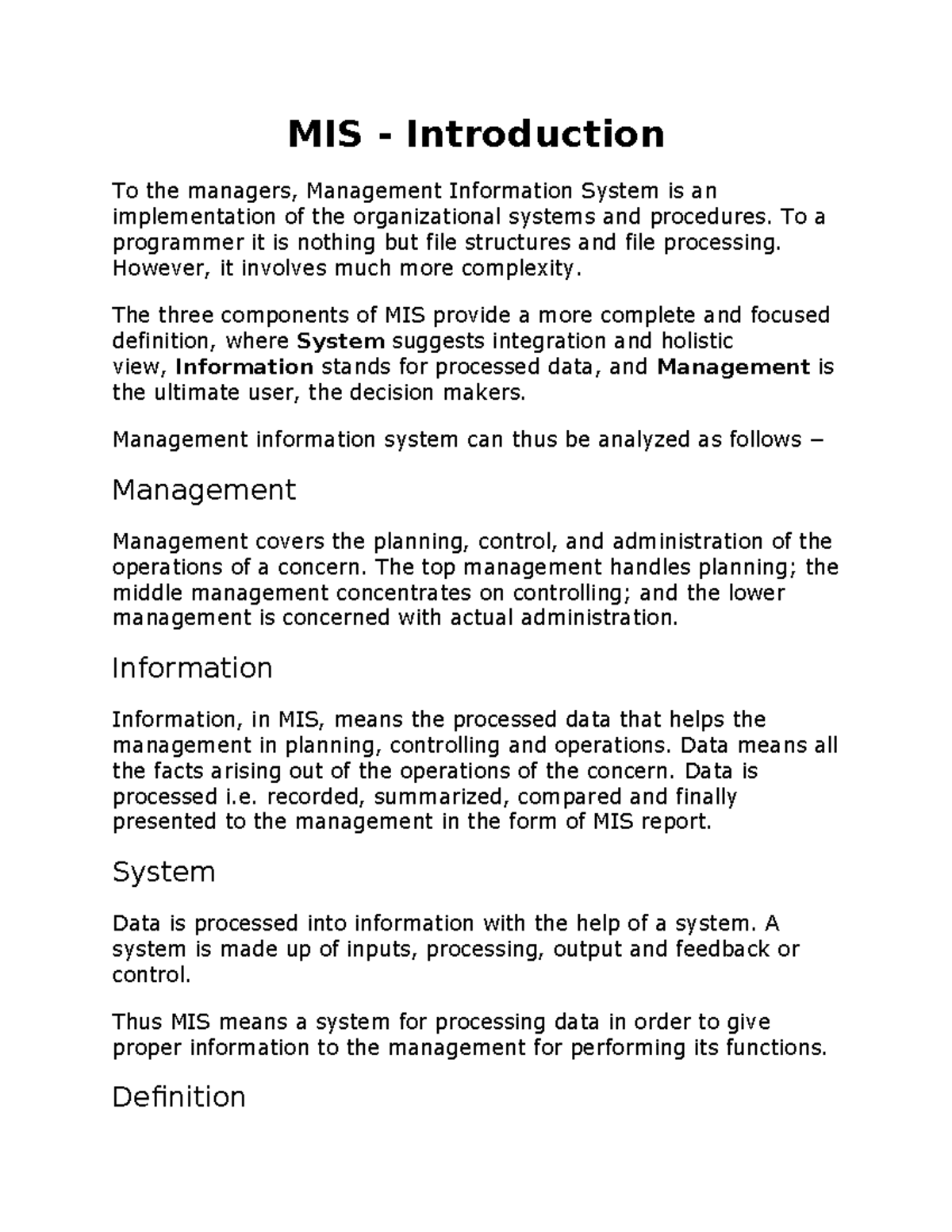 MIS notes - MIS - Introduction To the managers, Management Information ...
