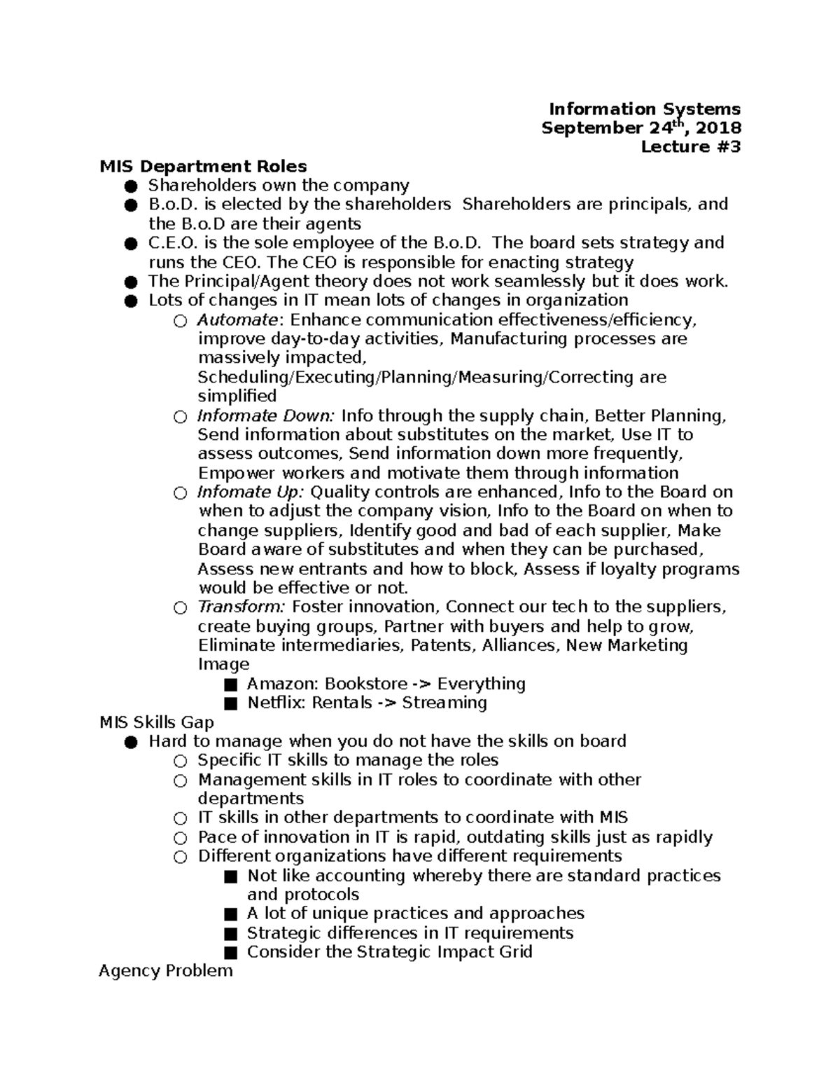 September 24 Lecture Notes Information Systems September 24th 2018 Lecture Mis Department