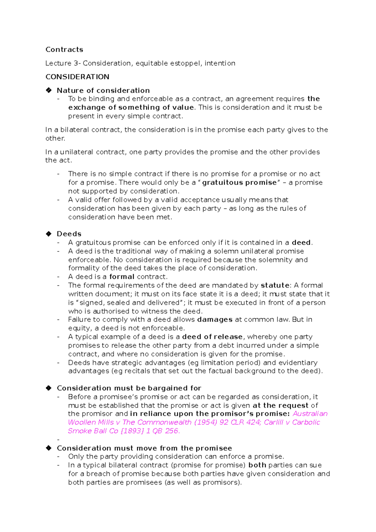 consideration, equitable estoppel, intention - Contracts Lecture 3- Consideration, equitable ...
