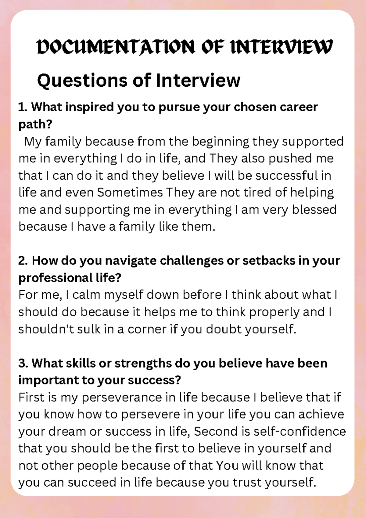 Documentation - Salazar - DOCUMENTATION OF INTERVIEW Questions of ...