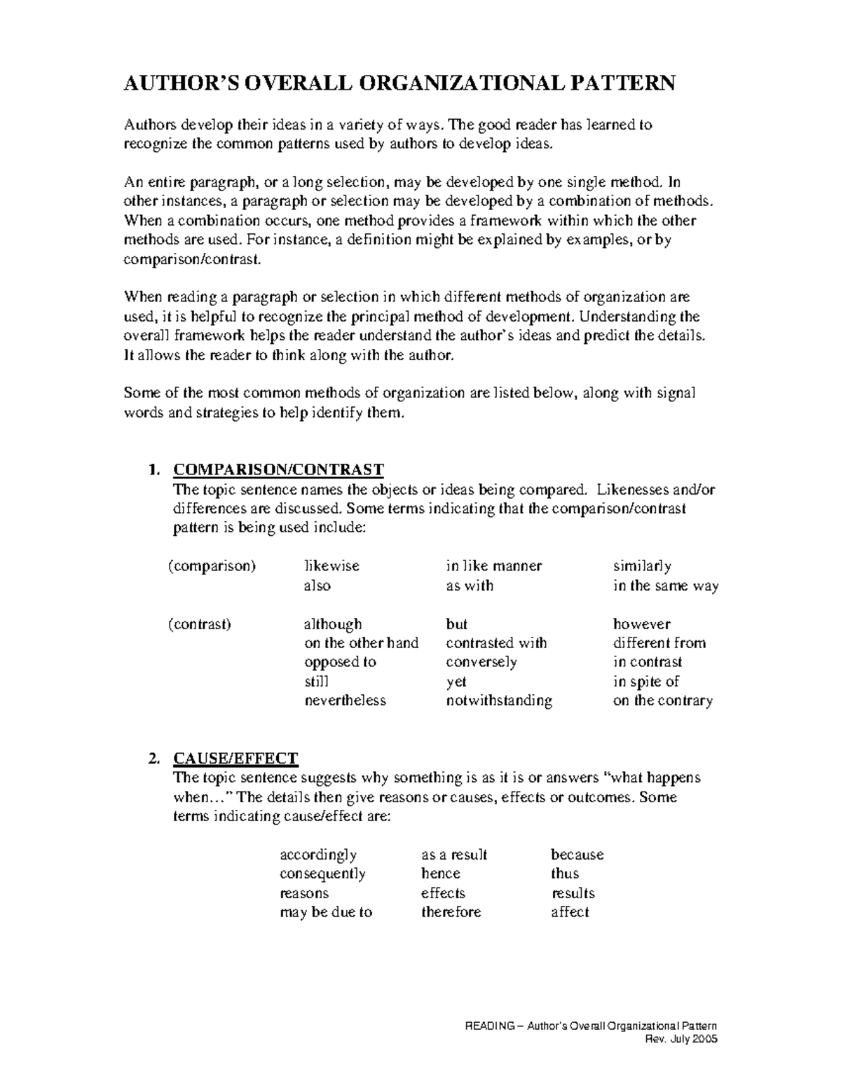 Author'S Overall Organizational Patternrevised 815 - READING – Author’s ...
