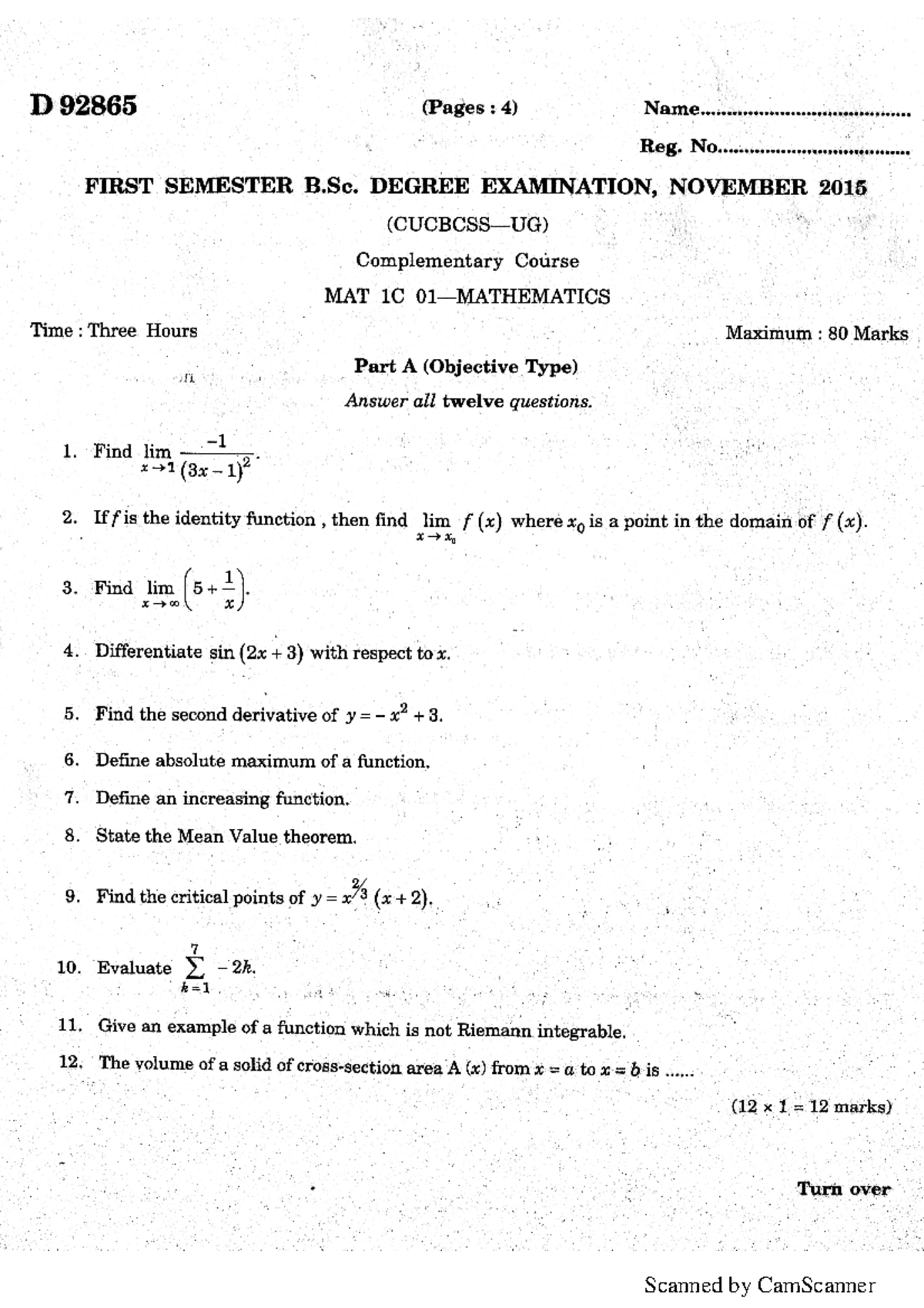 Mathematics-I-NOV-2015 - Complementary Mathematics - Studocu