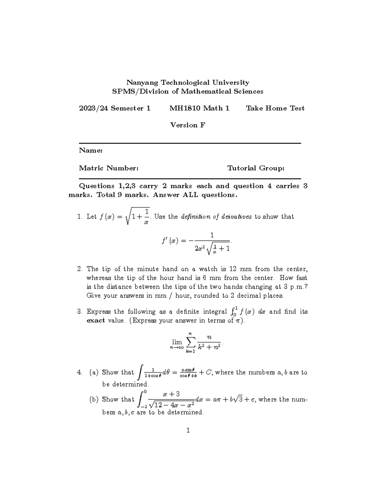 Take Home Test Ver. F - Nanyang Technological University SPMS/Division ...