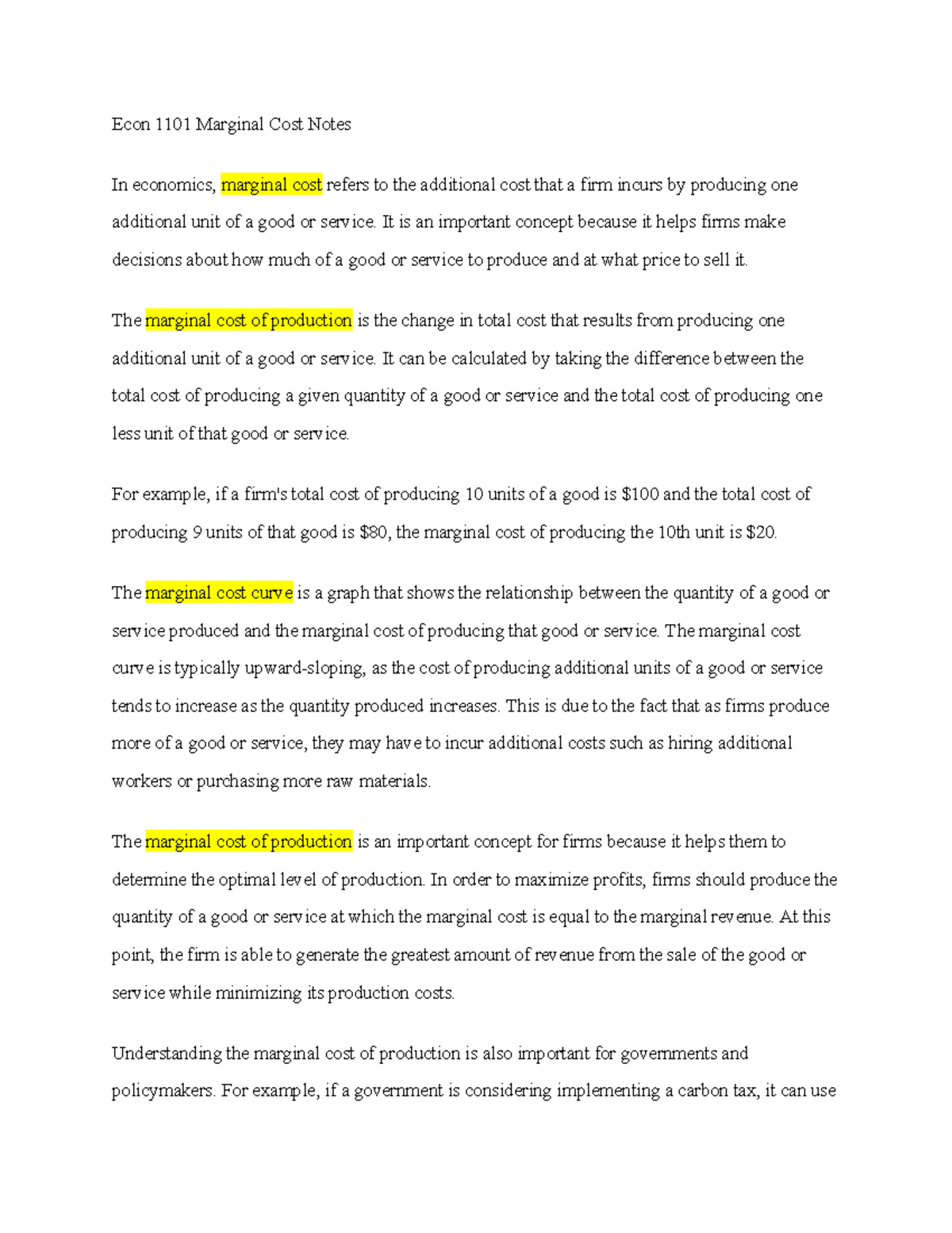 Marginal cost - ECON 1101 LECTURE NOTES - Econ 1101 Marginal Cost Notes ...