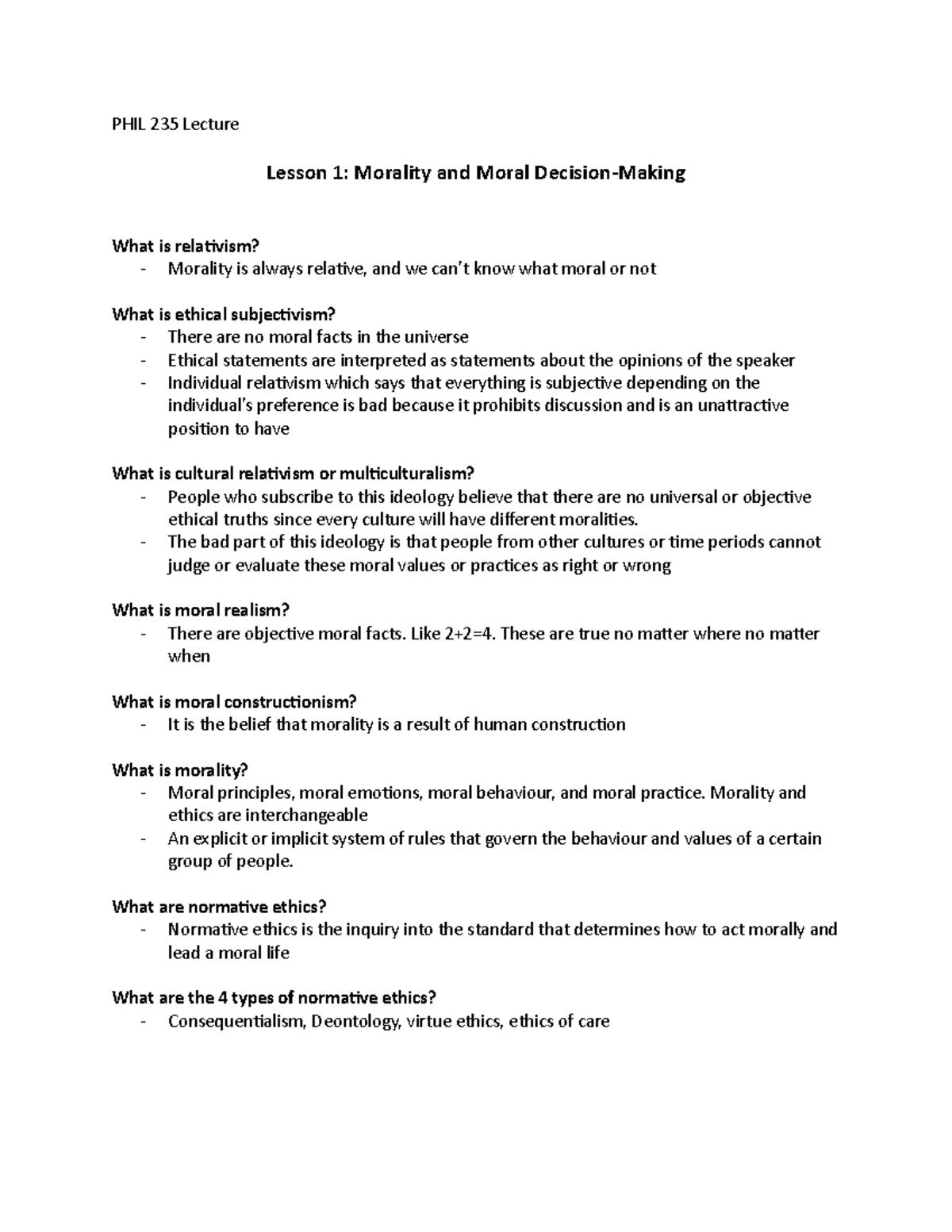PHIL 235 Lecture - PHIL 235 Lecture Lesson 1: Morality and Moral Decision-Making What is ...