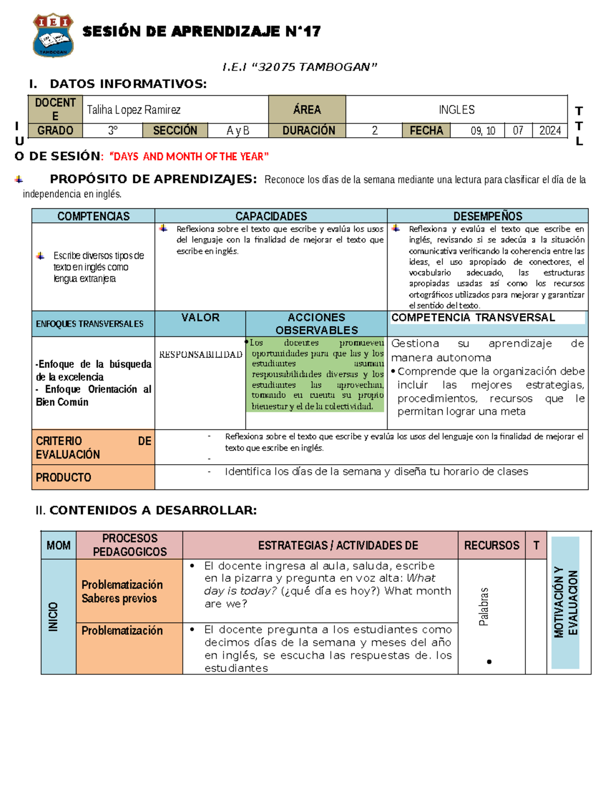 Sesión de Aprendizaje N° 17 - SESIÓN DE APRENDIZAJE N° I.E “32075 TAMBOGAN” I. DATOS ...