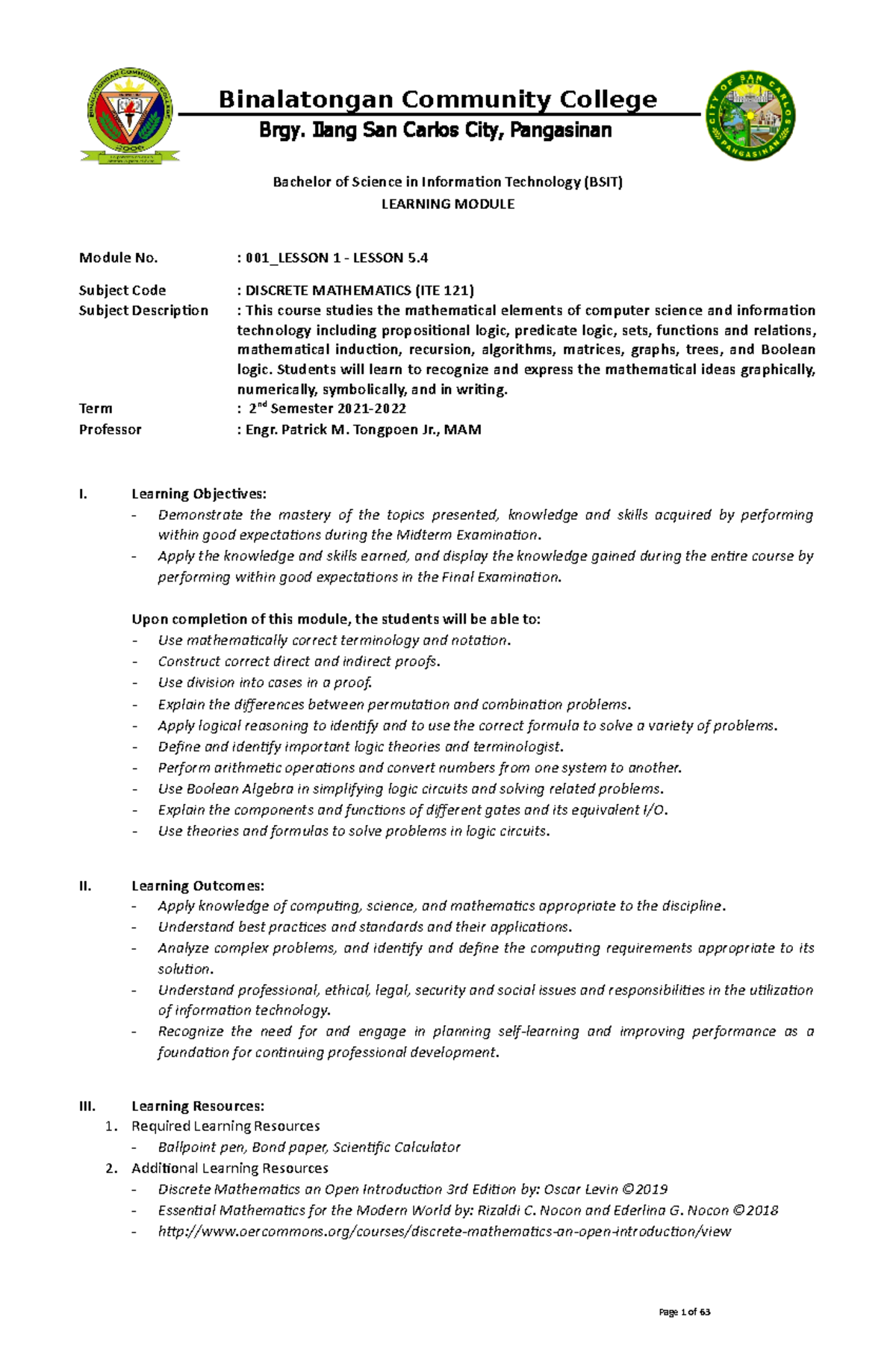 ITE-121-Discrete-Mathematics LMs-Copy - Bachelor of Science in ...