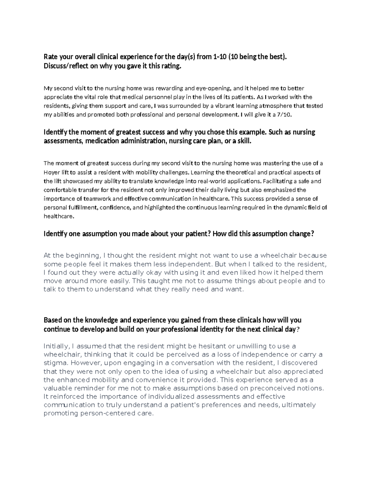 Reflection 2 - NURSE - Rate your overall clinical experience for the ...
