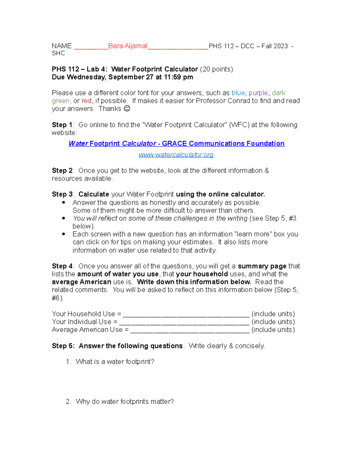 PHS 112- Lab 4 Water Footprint Calc F'23 - NAME _________Bara Aljamal ...