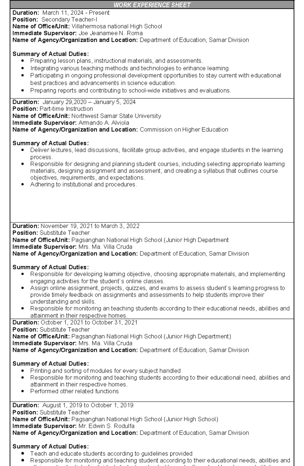 CS Form No 212 Work Experience Sheet - WORK EXPERIENCE SHEET Duration ...
