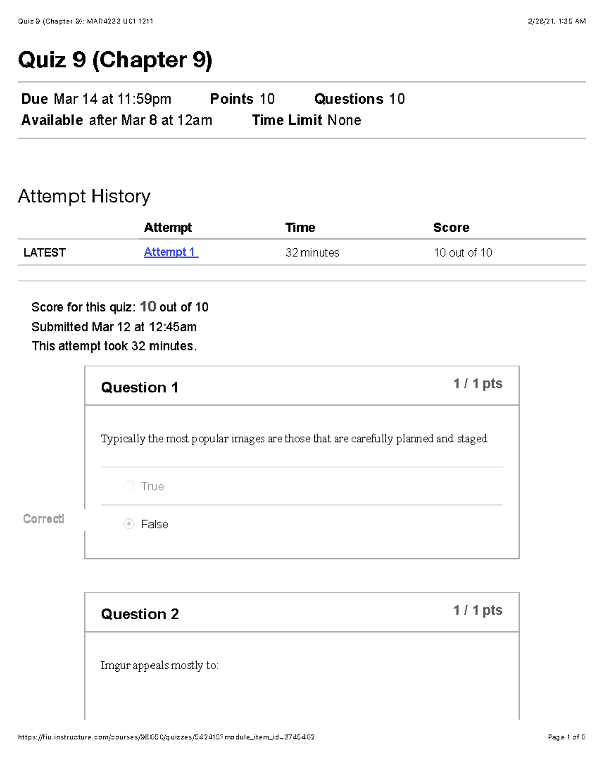 Quiz 9 (Chapter 9): MAR4233 U01 1211 - Quiz 9 (Chapter 9) Due Mar 14 at ...