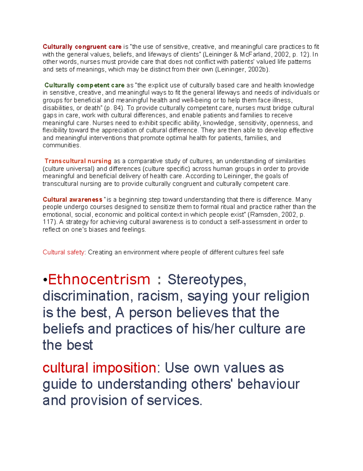 NFDN 1001 definations - Culturally congruent care is “the use of ...