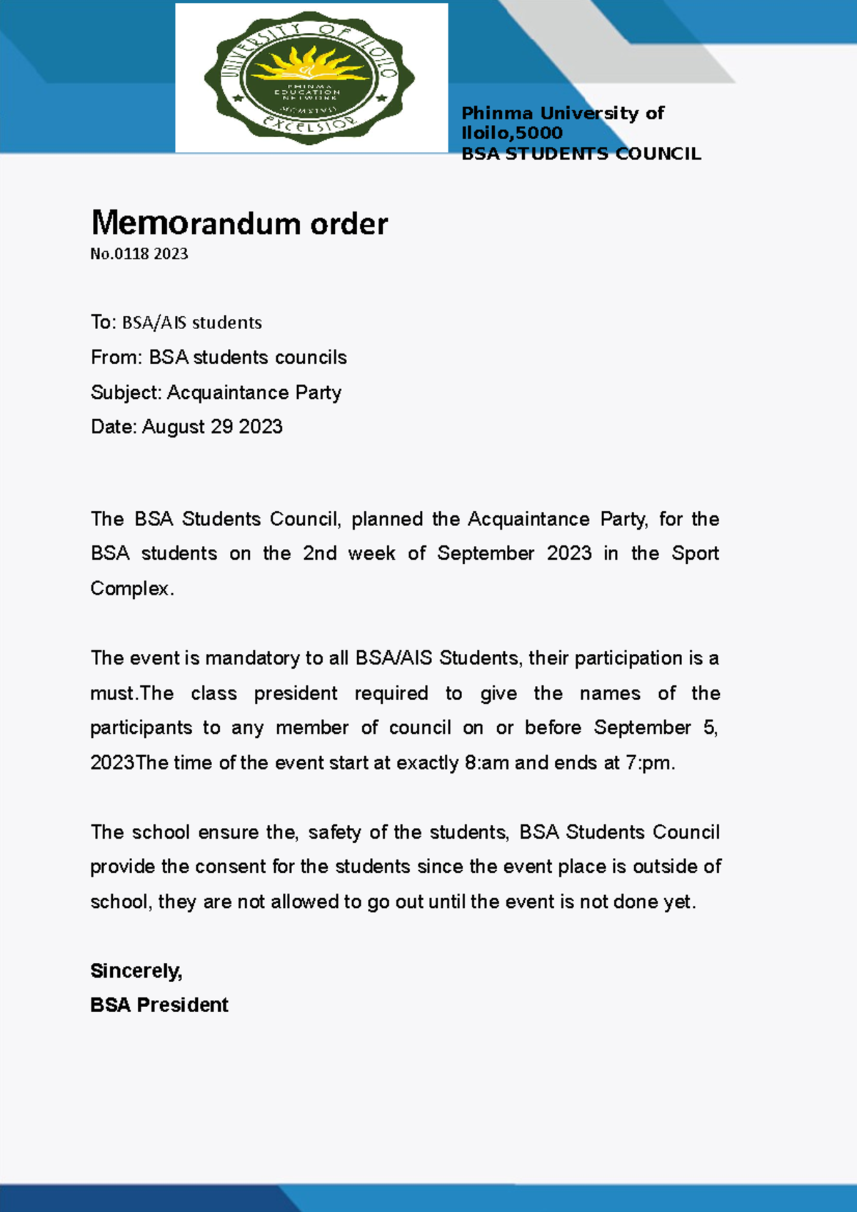 Memorandum-orderkyla - Phinma University of Iloilo, BSA STUDENTS ...