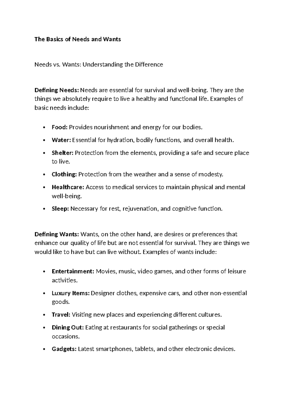 The Basics of Needs and Wants - Wants: Understanding the Difference ...