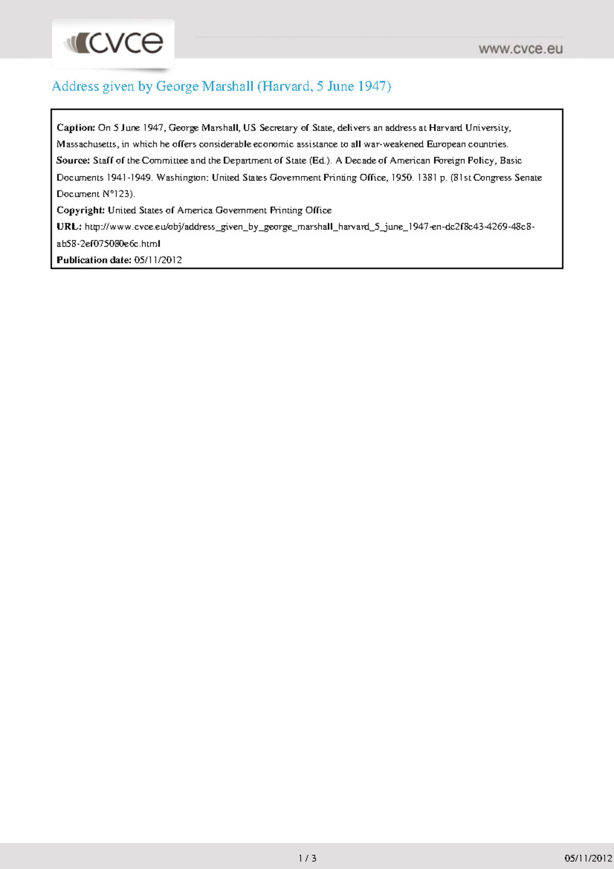 Marshall Plan Speech - Address given by George Marshall (Harvard, 5 ...