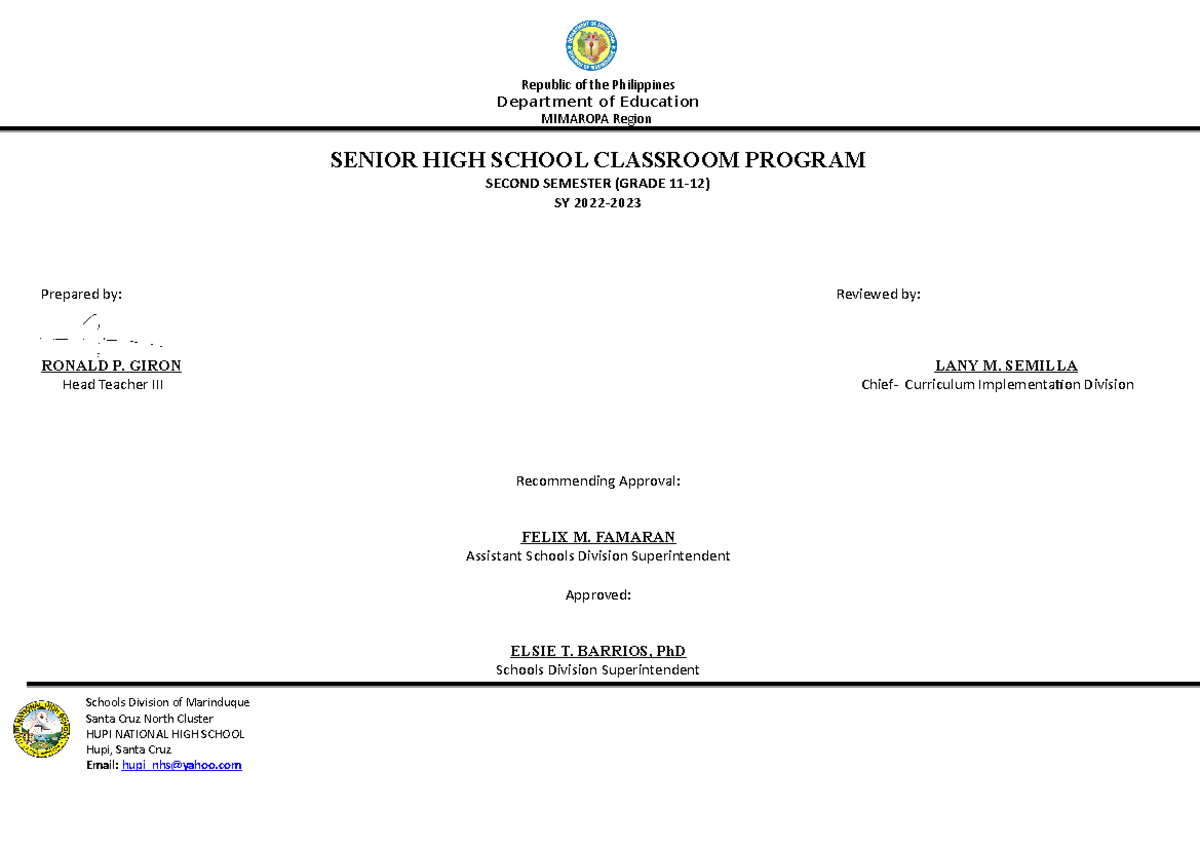 SHS Schedule Final 2nd SEM Copy - Republic of the Philippines Department of Education MIMAROPA ...