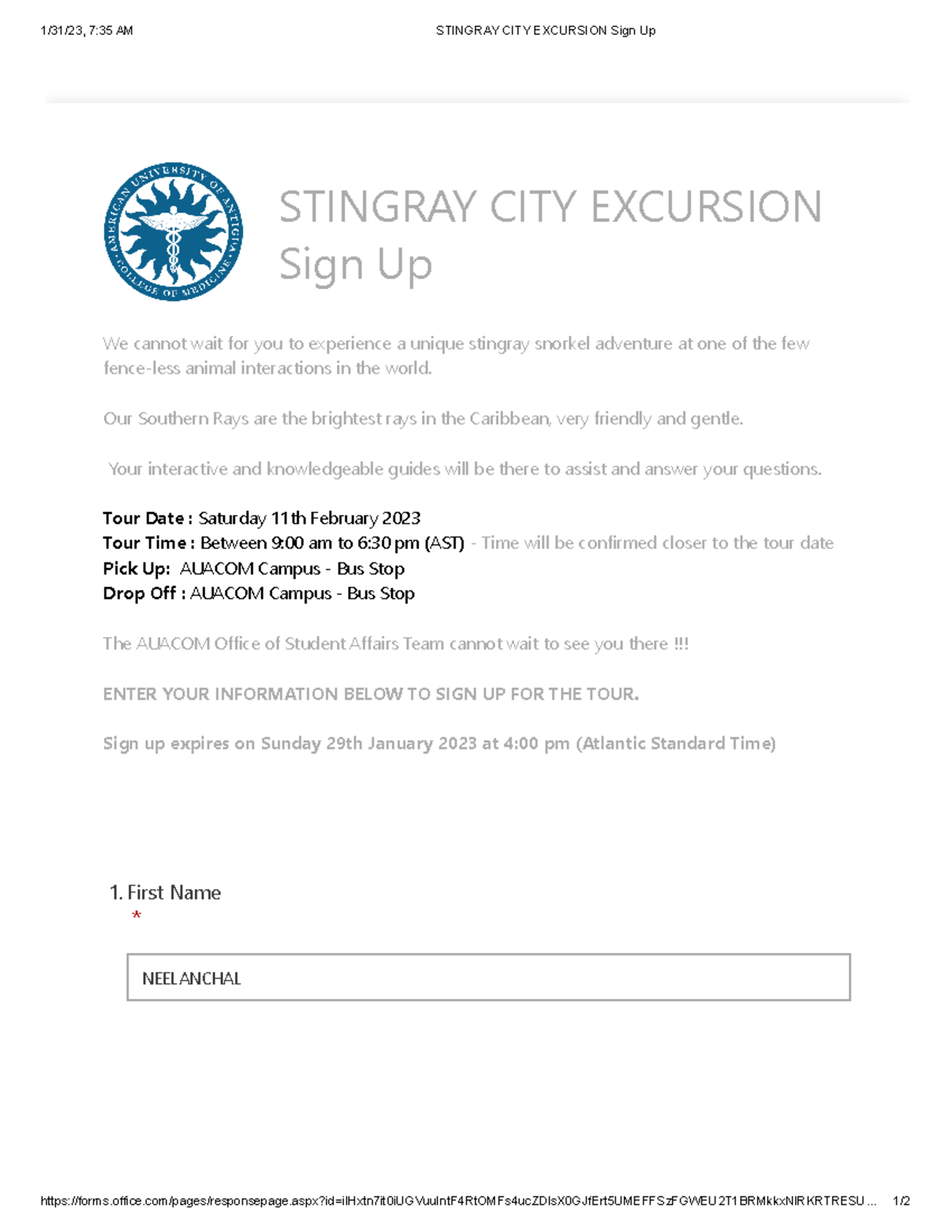 Stingray CITY Excursion Sign Up - 1/31/23, 7:35 AM STINGRAY CITY ...
