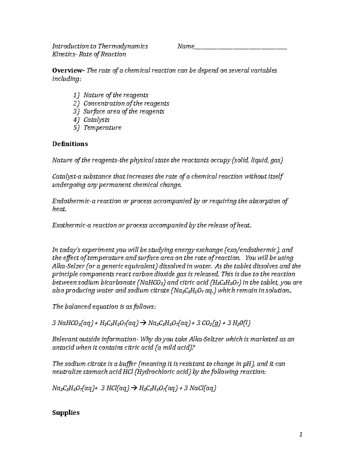 Kinetics - reaction rates - alka seltzer - Introduction to ...
