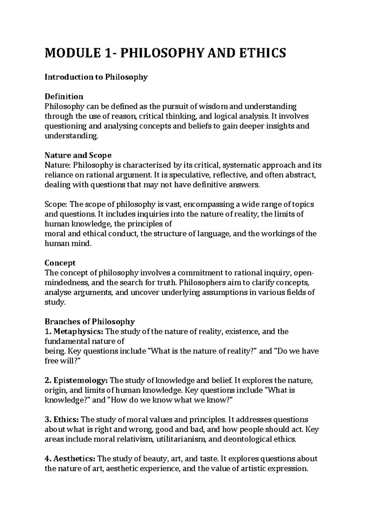 Module 1 notes - MODULE 1- PHILOSOPHY AND ETHICS Introduction to ...