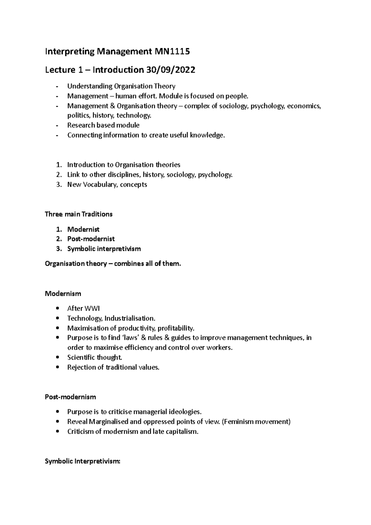 MN1115: Interpreting Management Lecture Notes - Interpreting Management ...