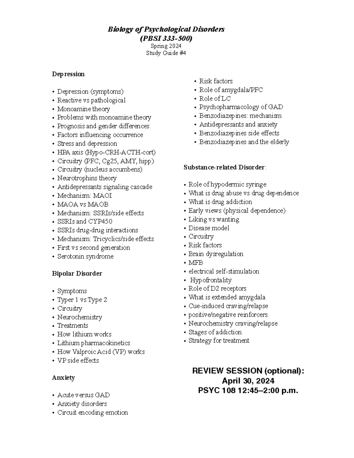 Study Guide#4 PSYC333-500 - Depression • Depression (symptoms ...