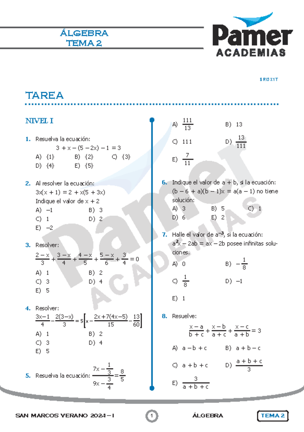 Á Lgebra Verano 2 Tarea - TAREA SRI3X1T ÁLGEBRA TEMA 2 SANMARCOSVERANO2024–I 11 BRALGEÁ 2 MATE ...