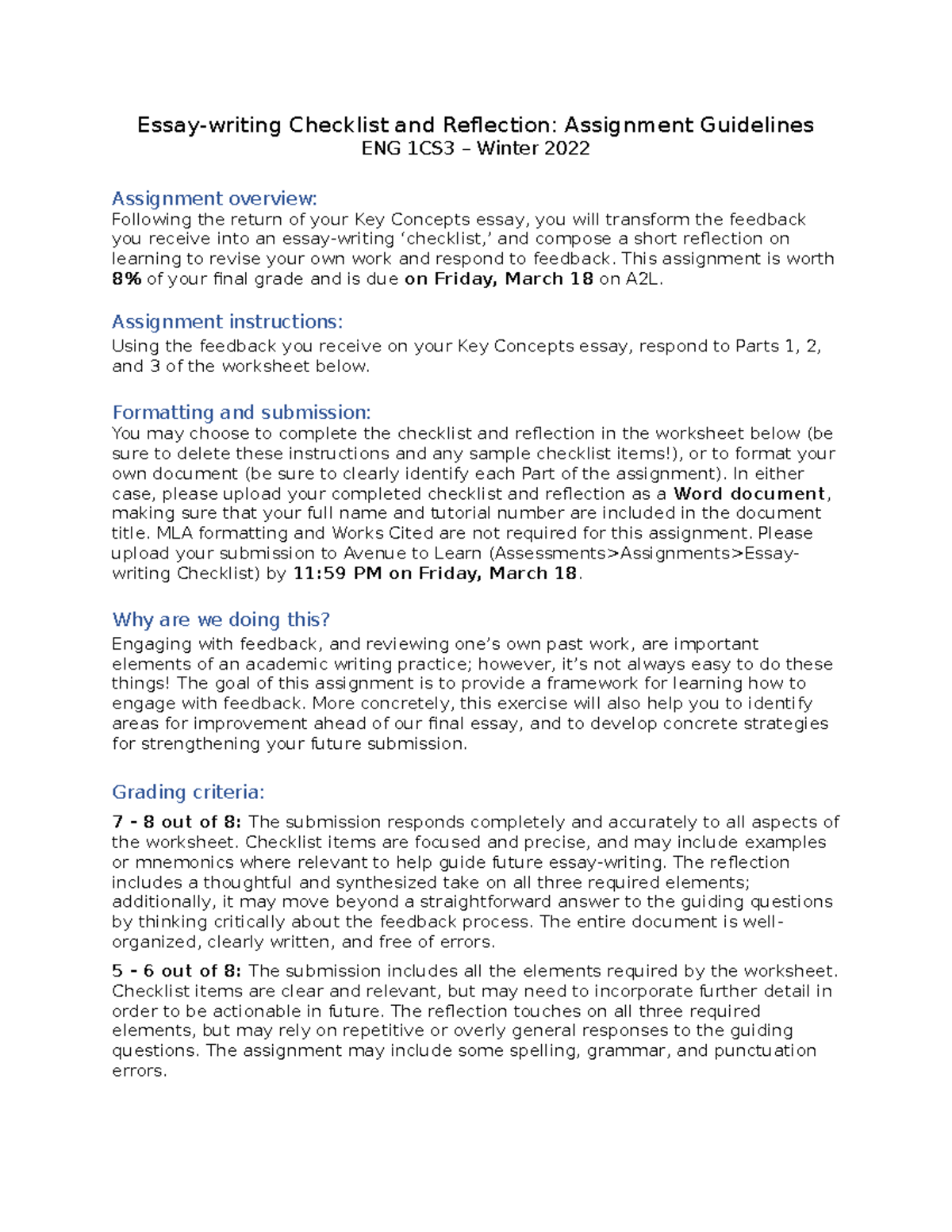 1CS3 2022 Assignment Guidelines Essay-writing checklist and reflection ...