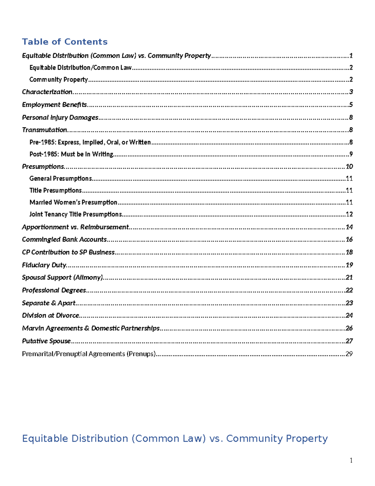 Marital Property Costello Spring 2022 - Table of Contents Equitable ...