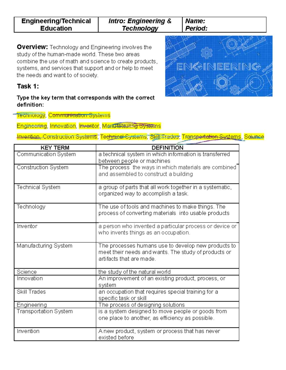 Intro Engineering and Tech Match and Sketch Tech 7 - Engineering ...