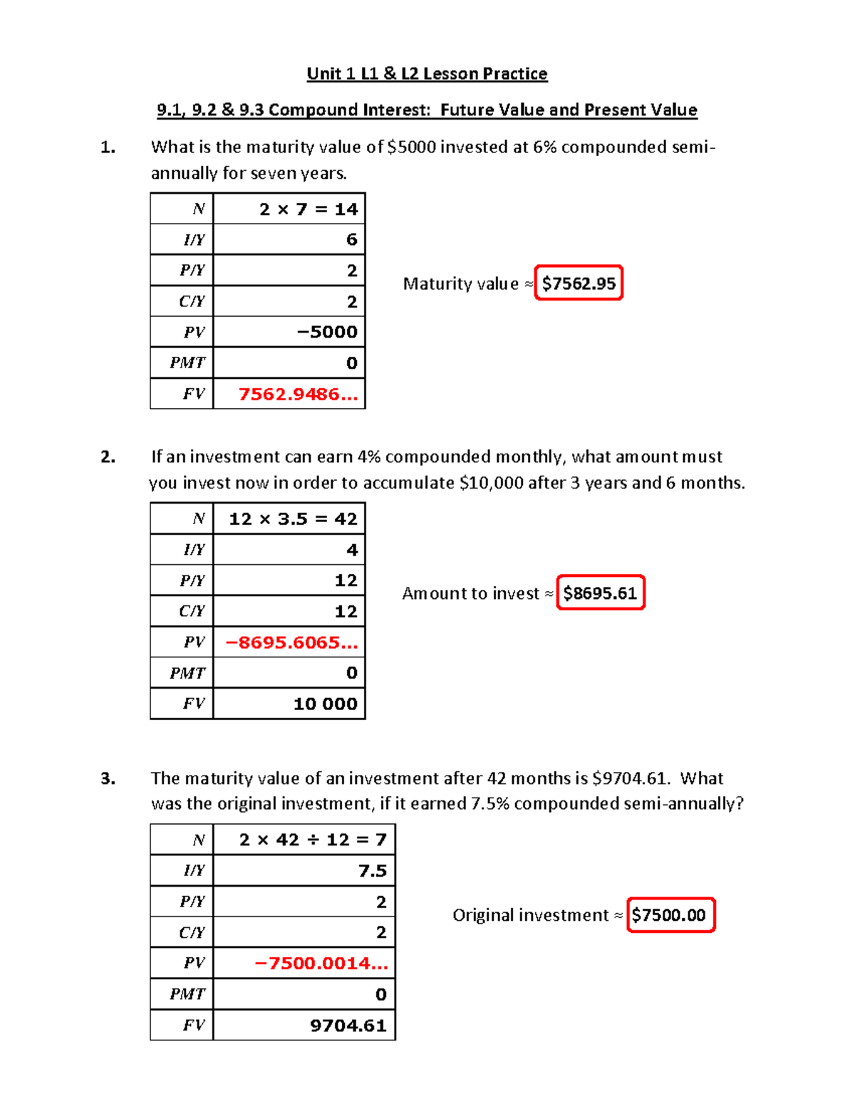 L1 & L2 Lesson Practice Solutions - Unit 1 L1 & L2 Lesson Practice 9, 9 ...