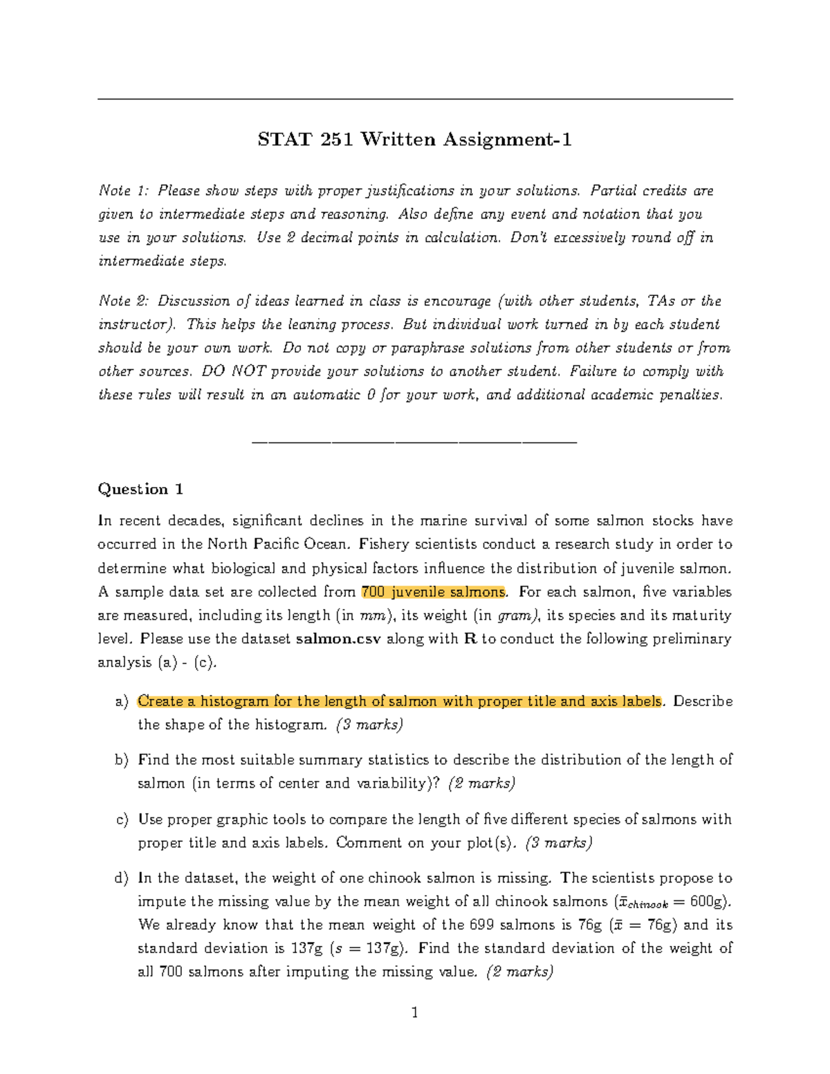 STAT251Written Assignment 1 S1 2023 - STAT 251 Written Assignment- Note 1: Please show steps ...