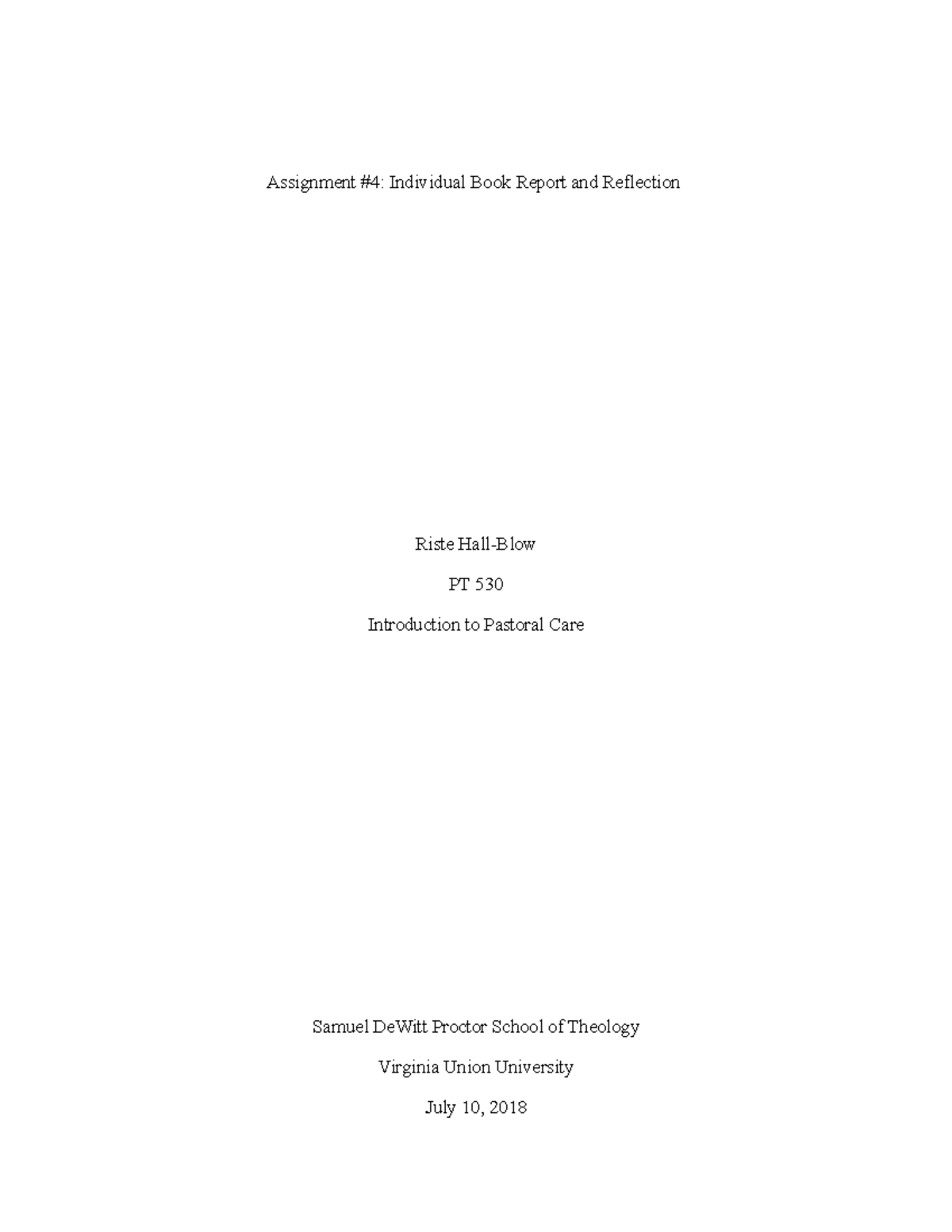 Book report - Introduction to Pastoral Care - Assignment Individual ...