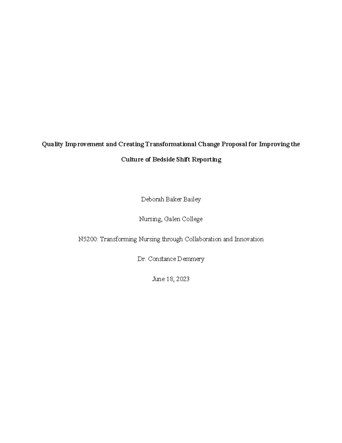 Quality Improvement and Creating Transformational Change Proposal for ...