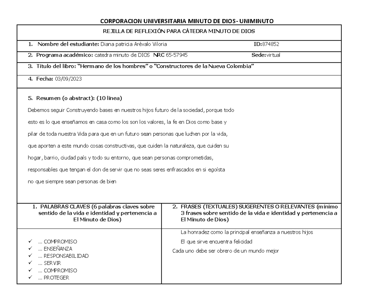 Actividad 2 catedra - Bfxbjxncncn - REJILLA DE REFLEXI”N PARA C¡TEDRA MINUTO DE DIOS Nombre del ...