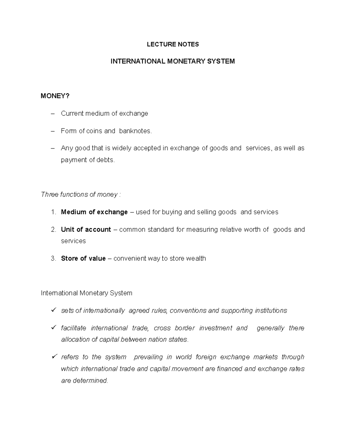 International Monetary System Lecture Notes - The Contemporary World ...