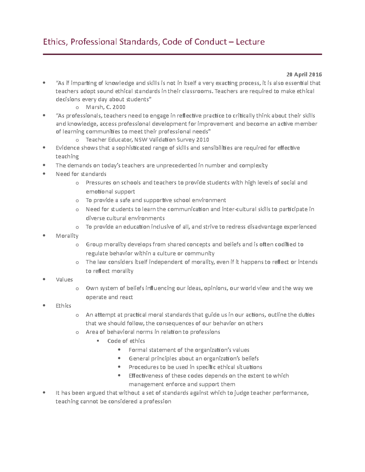 Ethics, Professional Standards, Code of Conduct – Lecture - Teachers ...