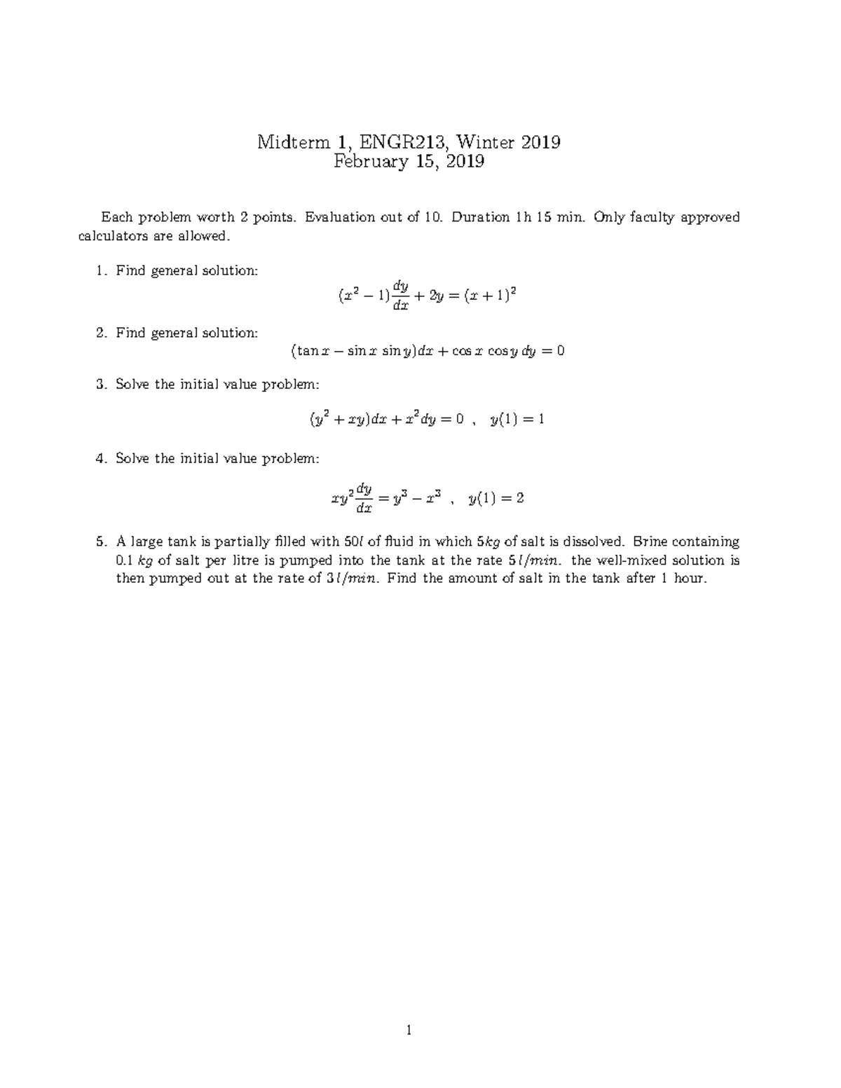 ENGR 213 Midterm 2021 - Midterm 1, ENGR213, Winter 2019 February 15, 2019 Each problem worth 2 ...