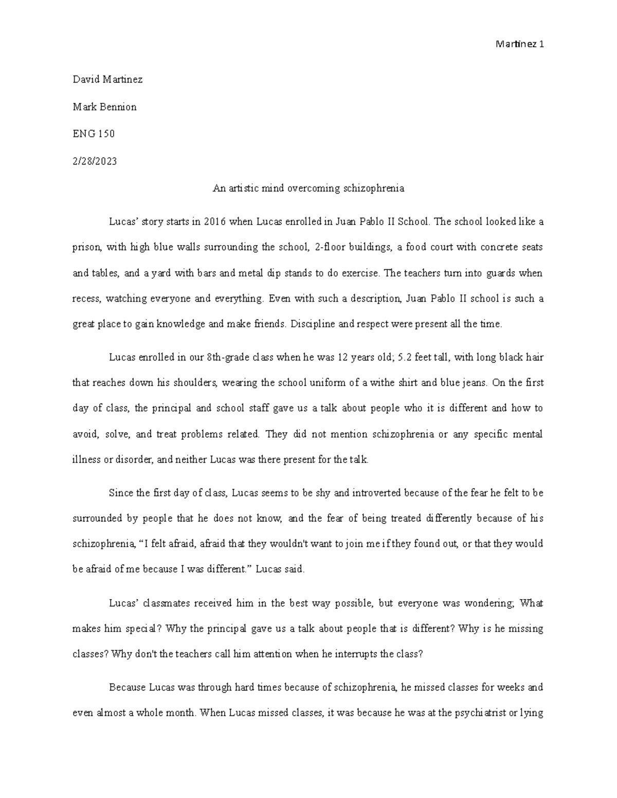 Profile essay introduction - David Martinez Mark Bennion ENG 150 2/28 ...