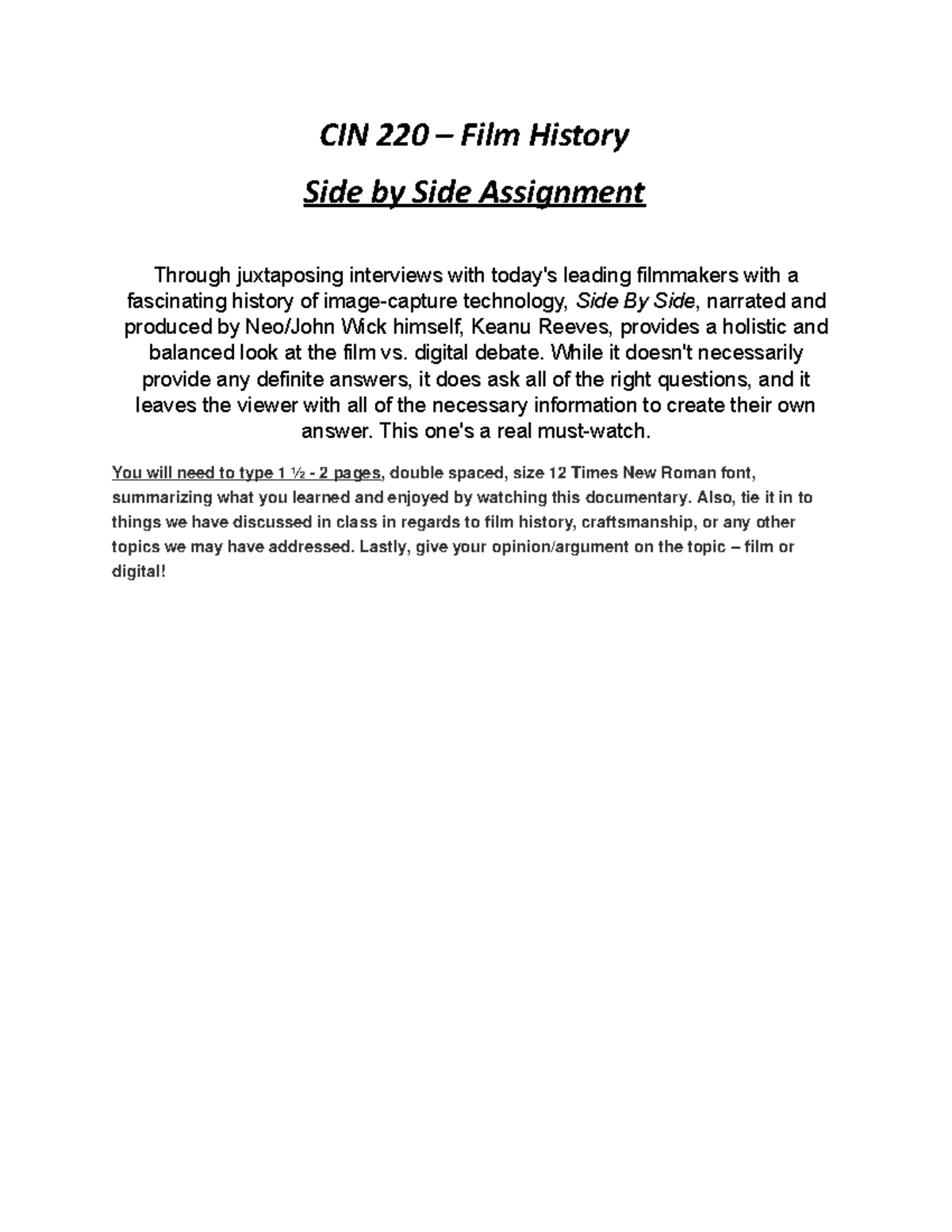 CIN 220 - Side by Side Assignment - CIN 220 – Film History Side by Side ...