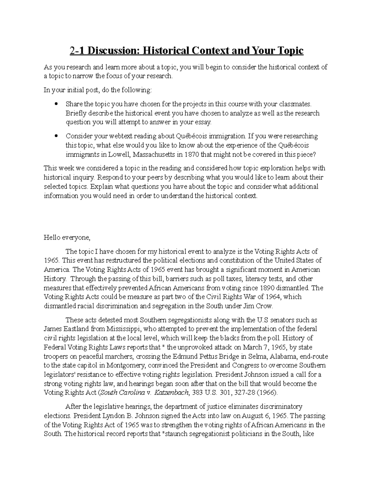 2 1 Discussion Historical Context and Your Topic - In your initial post ...