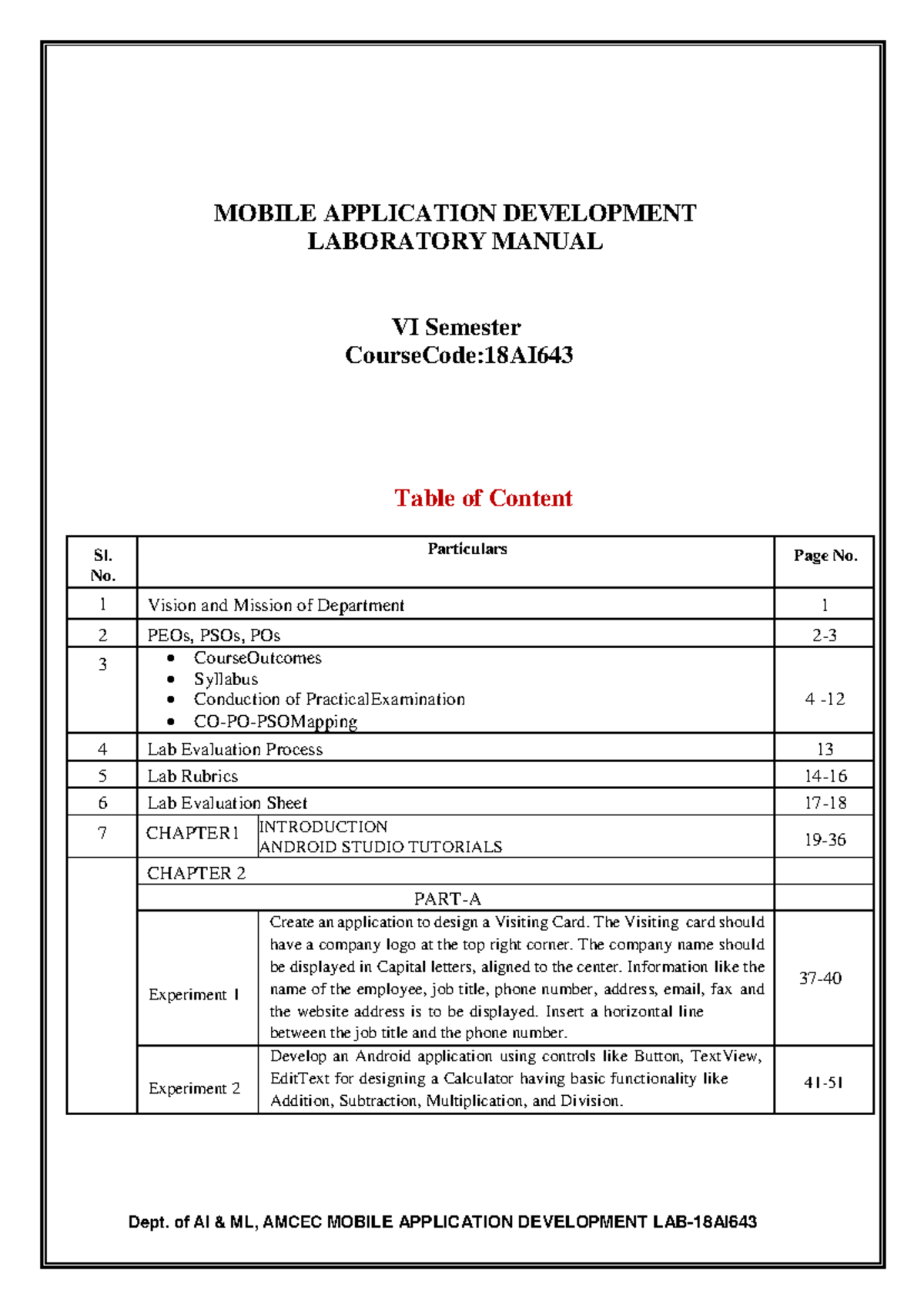 MAD LAB Manual - MOBILE APPLICATION DEVELOPMENT LABORATORY MANUAL VI Semester CourseCode:18AI ...