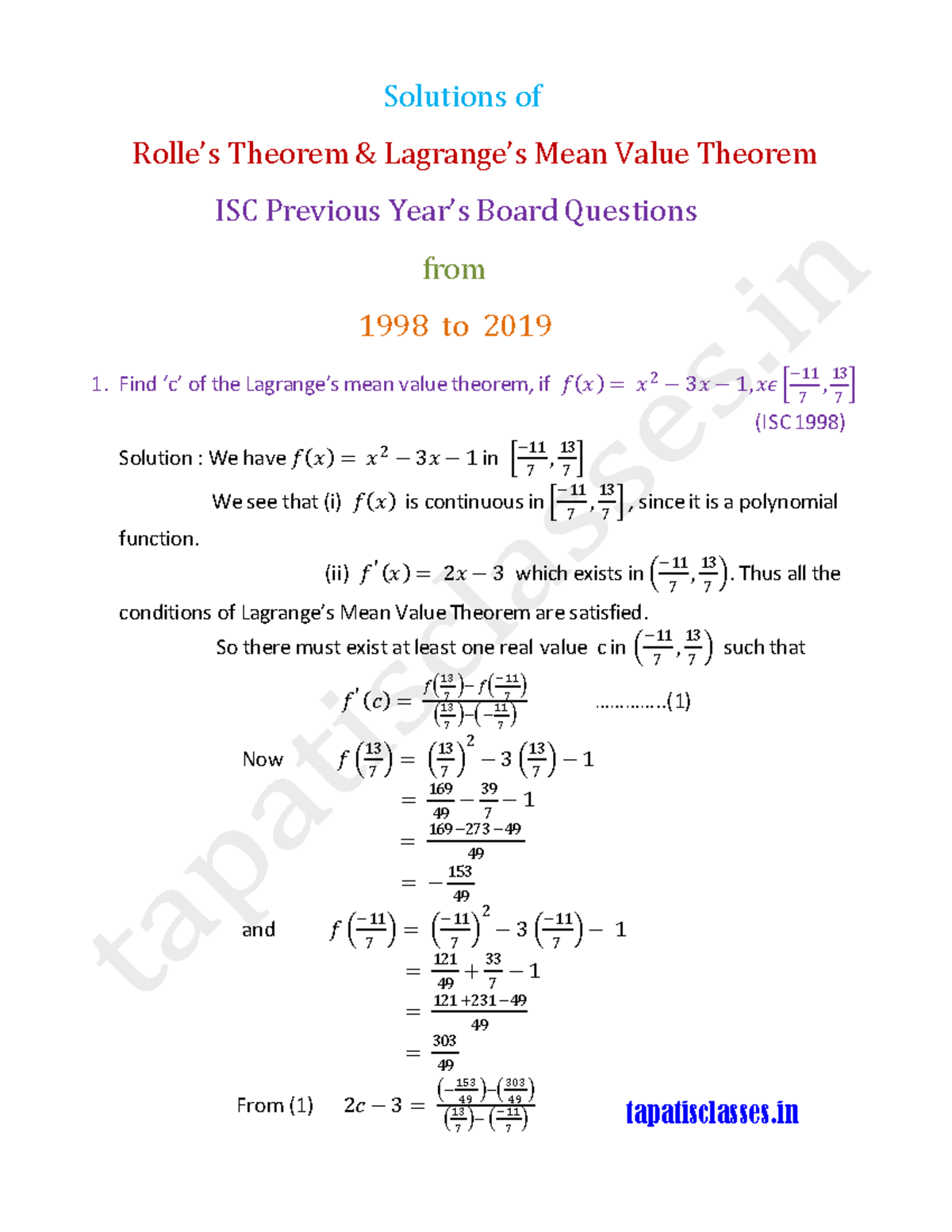 Rolle s theorem and Lagrange s mean value theorem Previous years board ...