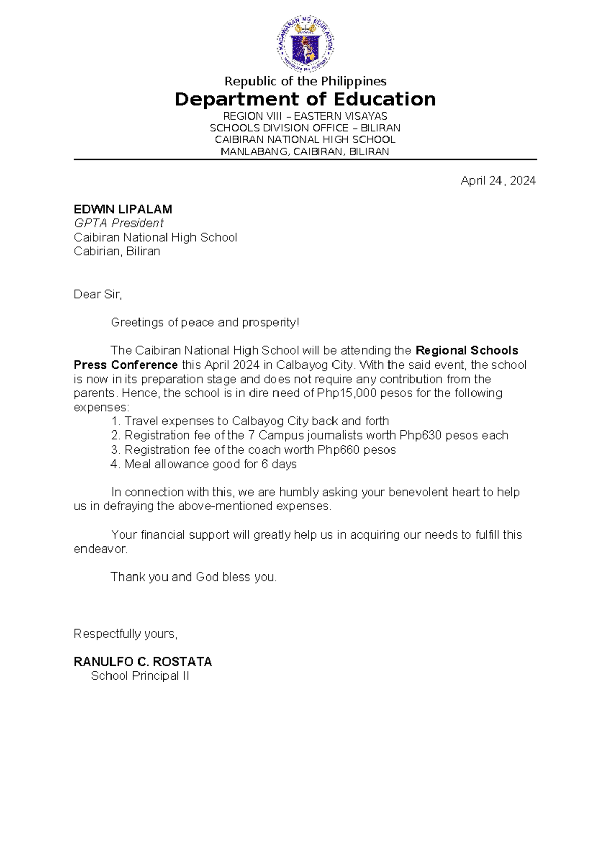 Letter'24 - work - Republic of the Philippines Department of Education ...